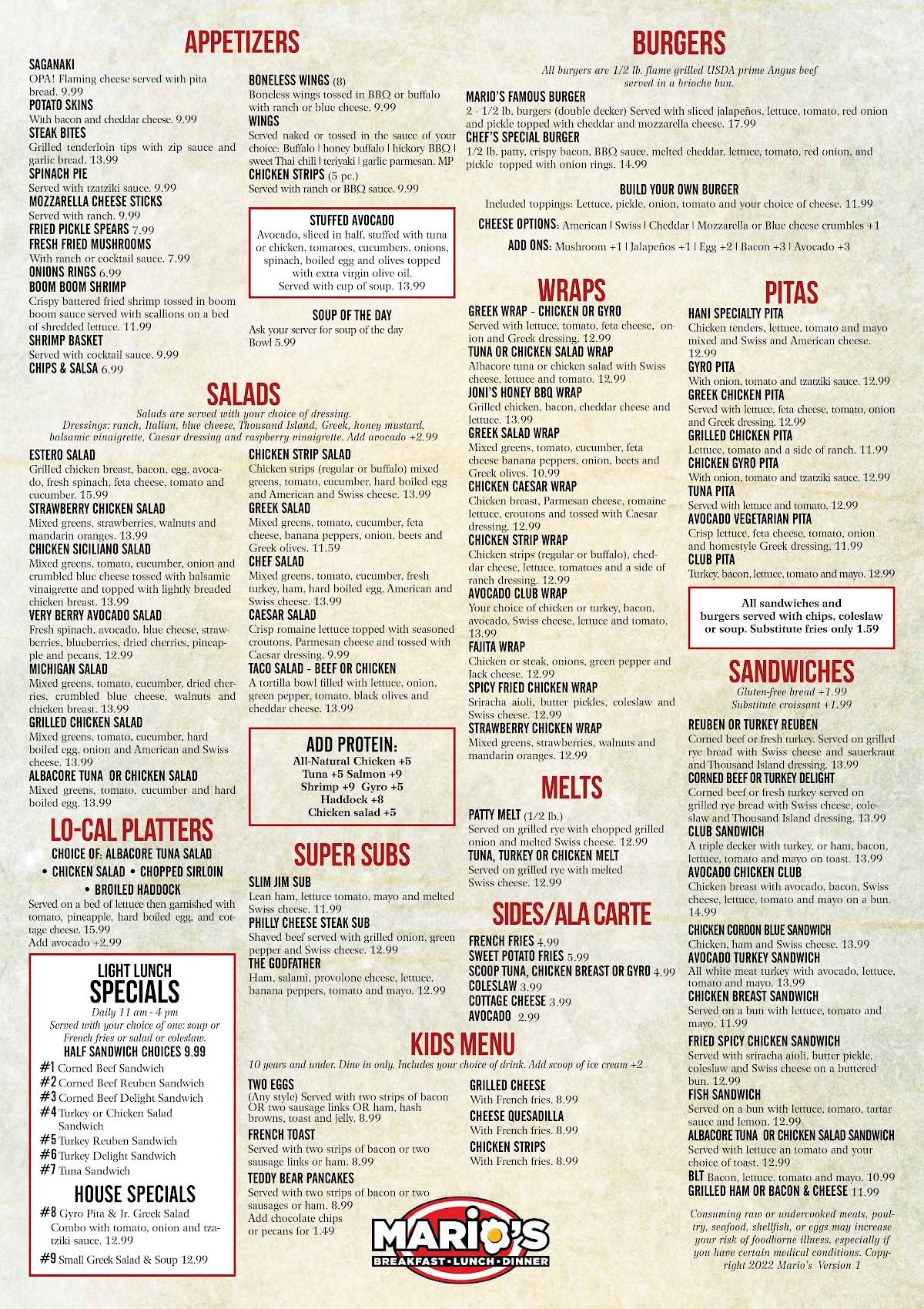 Menu at Mario's Of Estero pub & bar, Estero