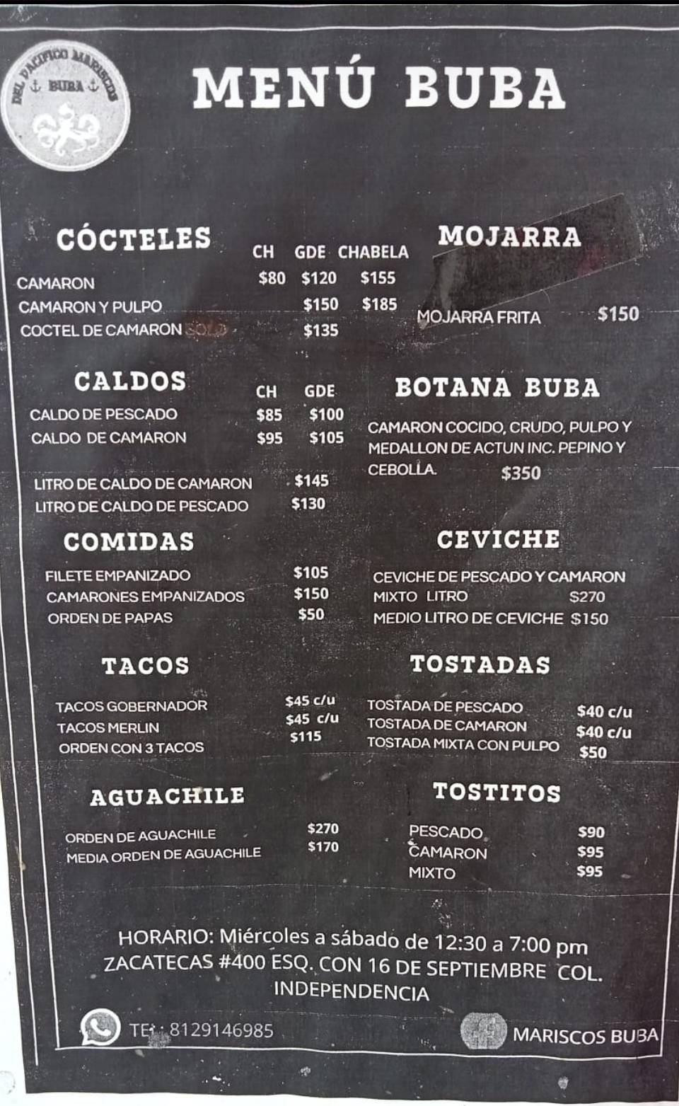 Carta del restaurante Mariscos Buba, Monterrey