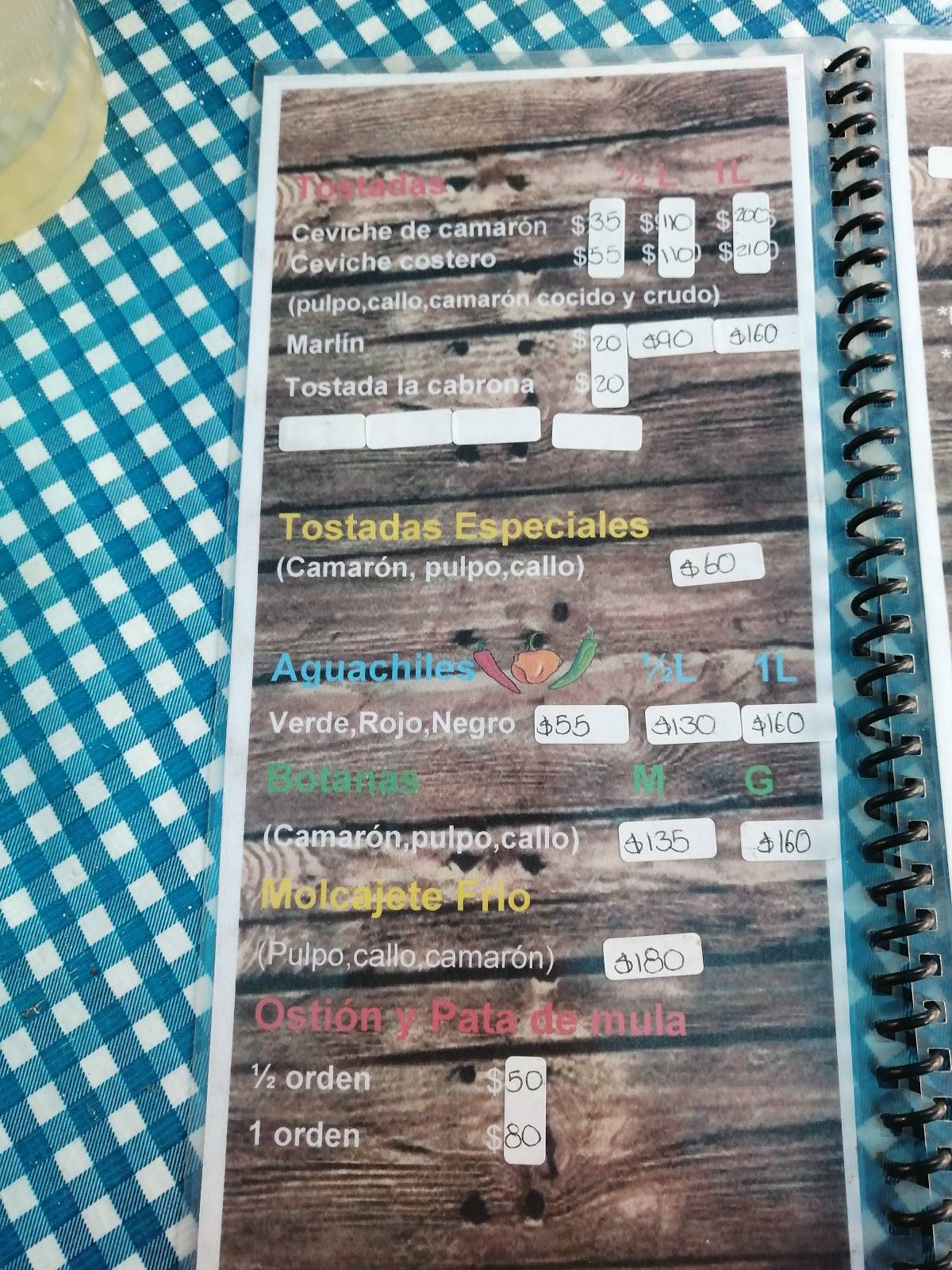 Menu at Mariscos Costa Azul restaurant, Guadalajara