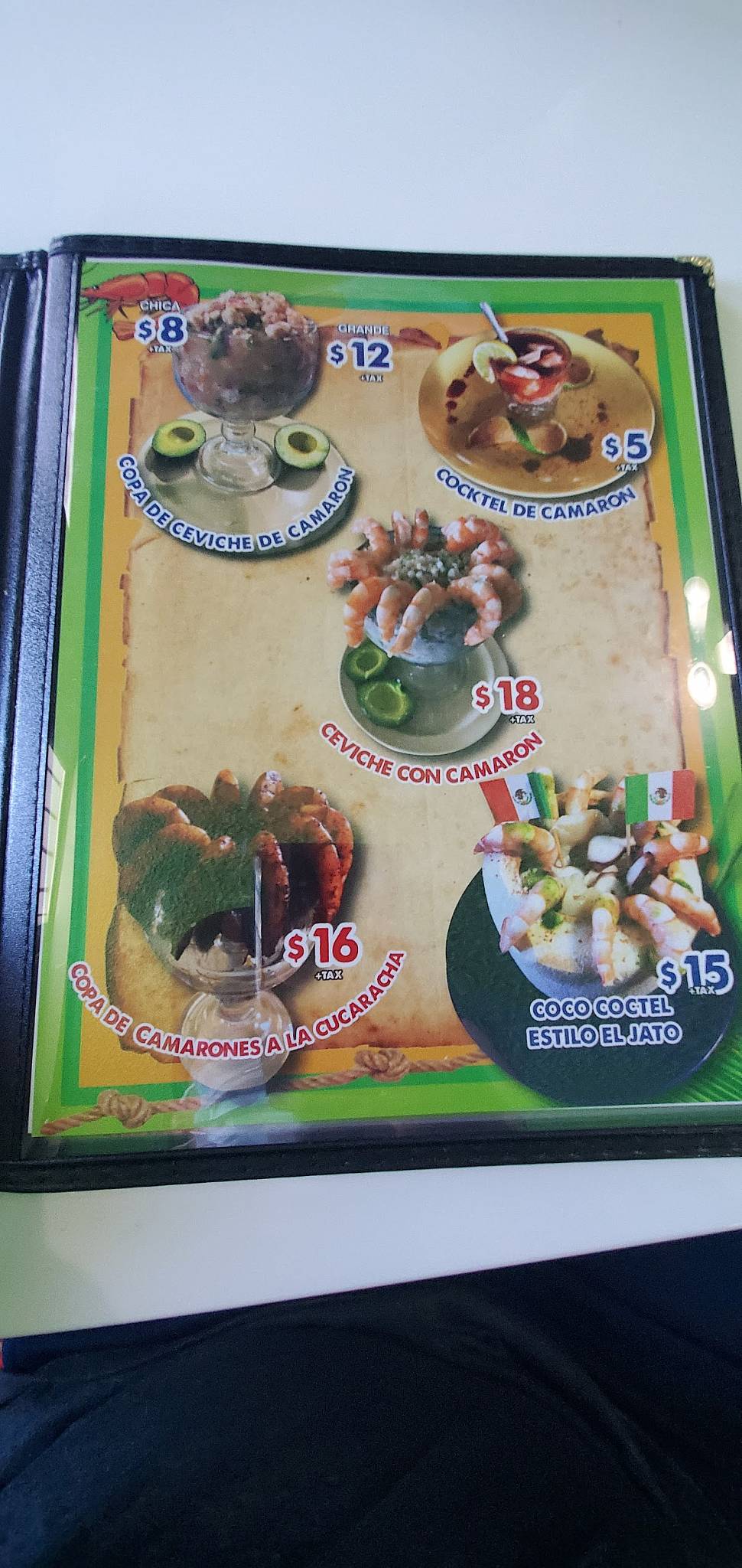 Menu at Mariscos El Jato Jr. restaurant, Los Angeles