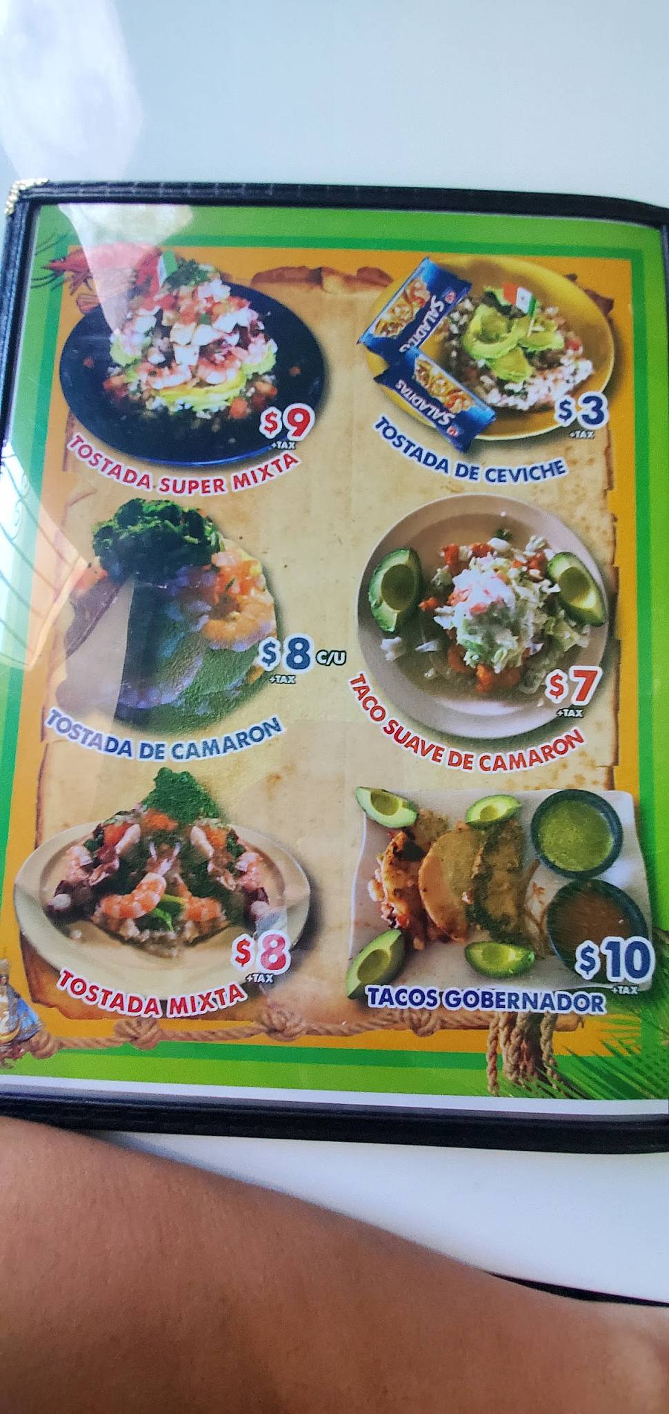 Menu at Mariscos El Jato Jr. restaurant, Los Angeles