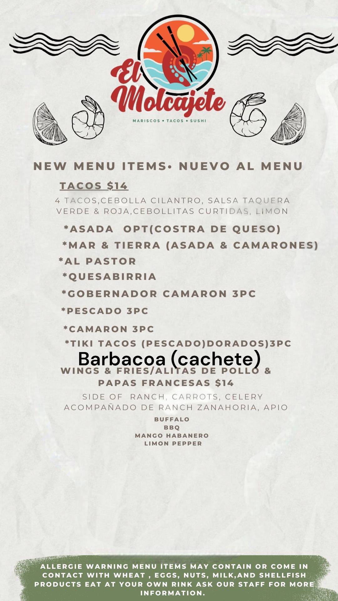 Menu at Mariscos El Molcajete restaurant, Deming