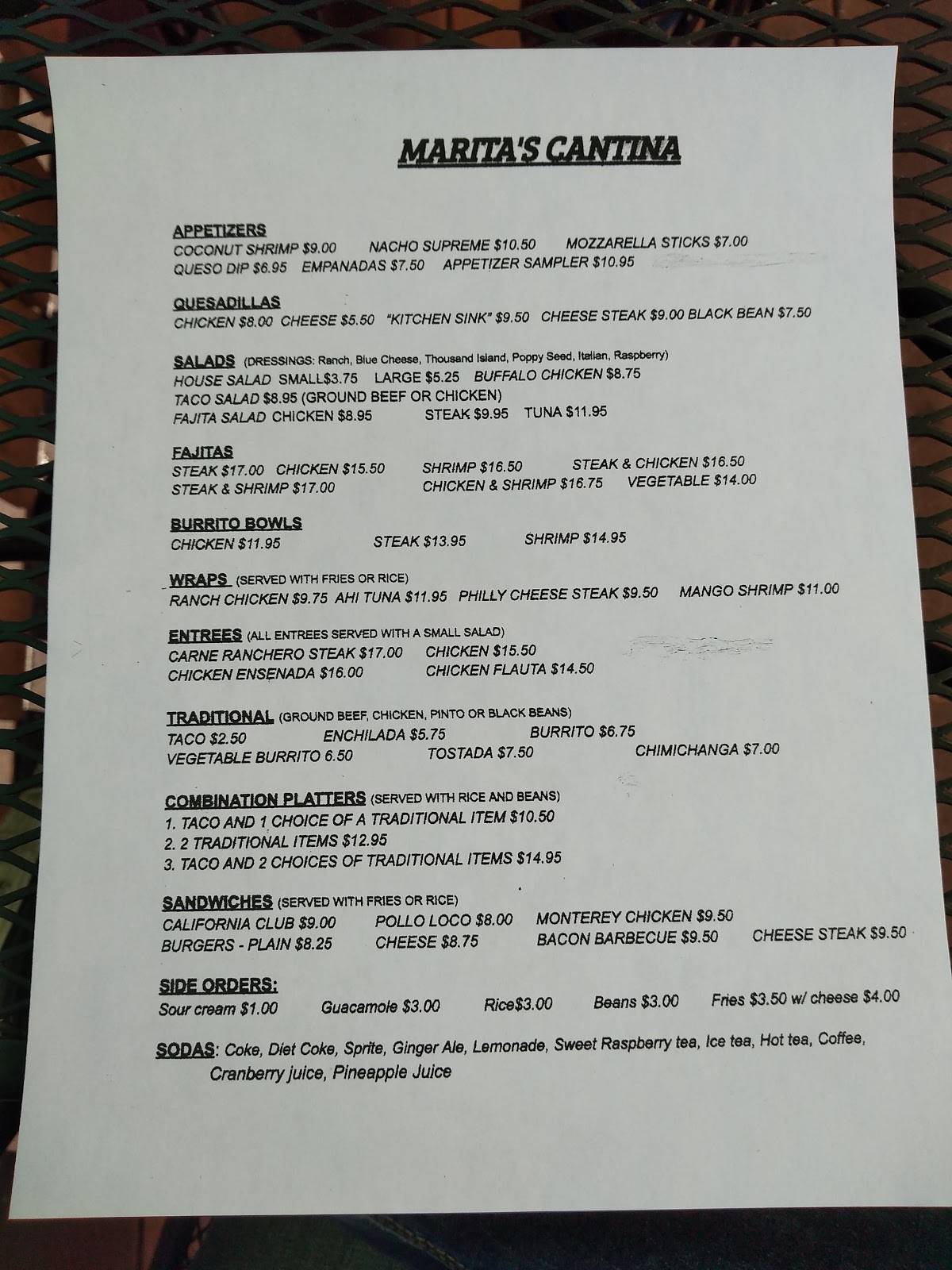 Menu at Marita's Cantina pub & bar, Stroudsburg