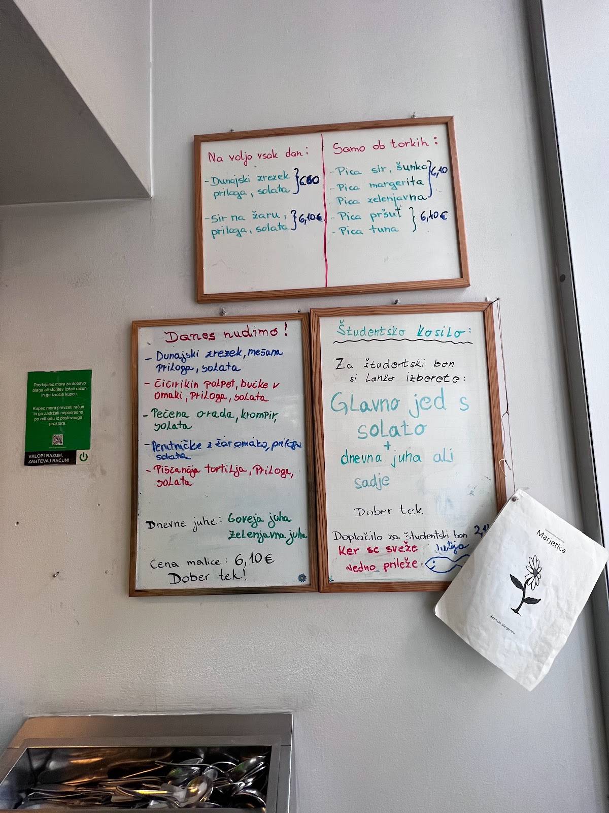 Menu at Marjetica (menza Tobačna) restaurant, Ljubljana