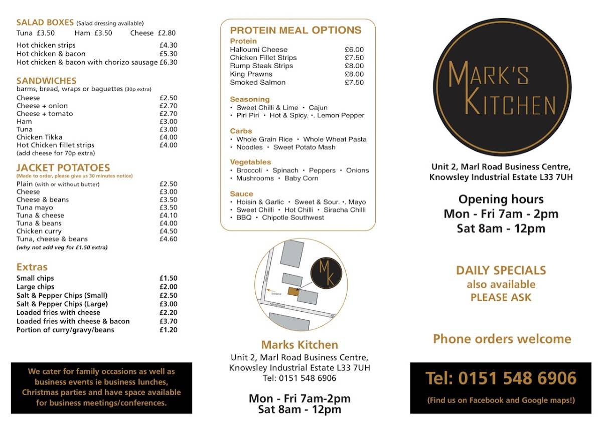 Menu at Marks Kitchen cafe, Liverpool