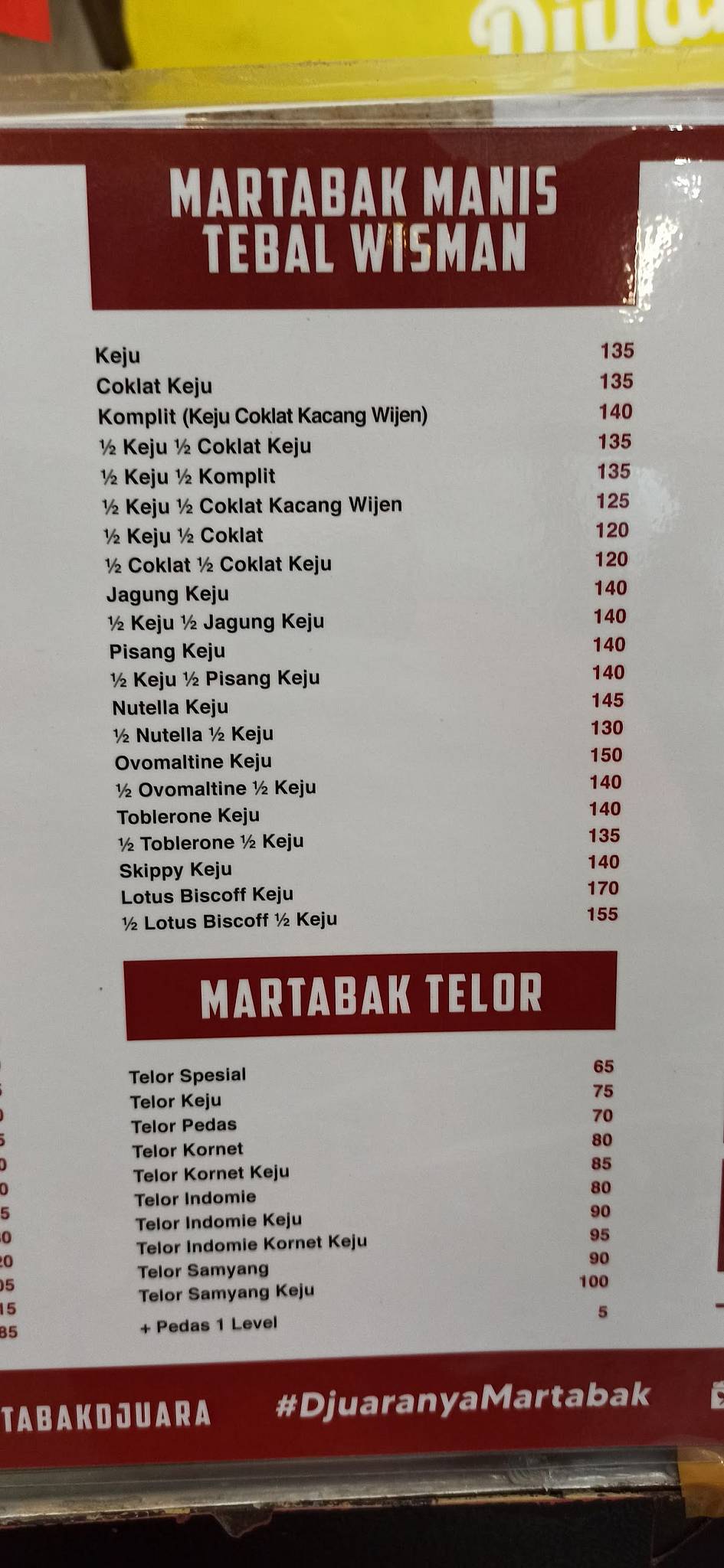 Menu at Martabak Djuara, Ciledug restaurant, South Jakarta