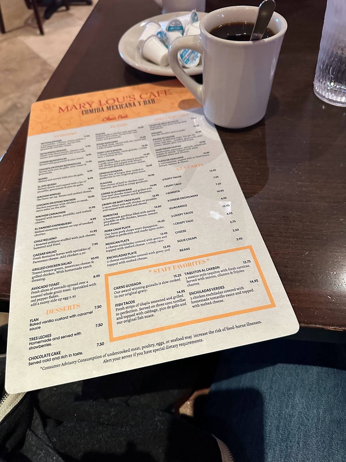 Menu at Mary Lou's Cafe, San Antonio, McCullough Ave