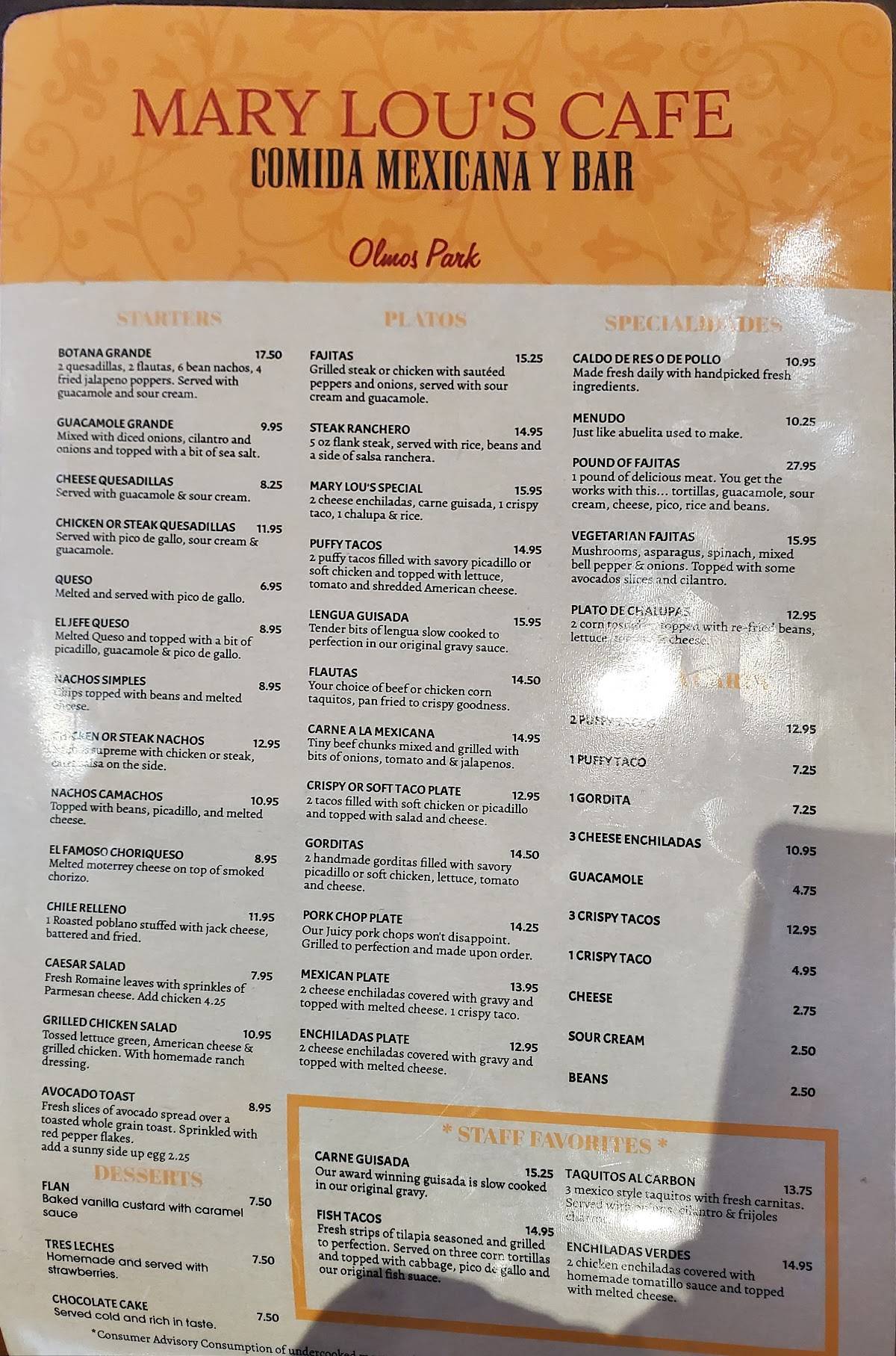 Menu at Mary Lou's Cafe, San Antonio, McCullough Ave