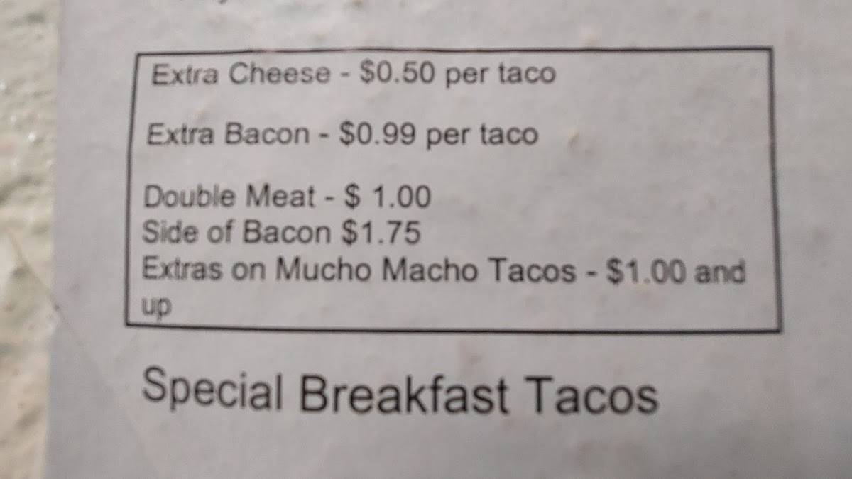 Menu at Mary's Tacos restaurant, Boerne