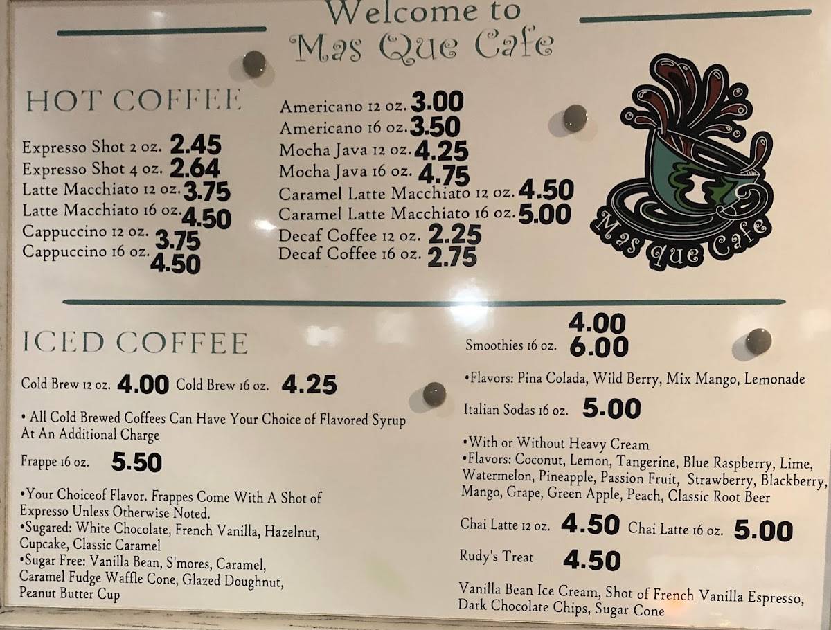 Menu at Mas Que Café restaurant, San Marcos