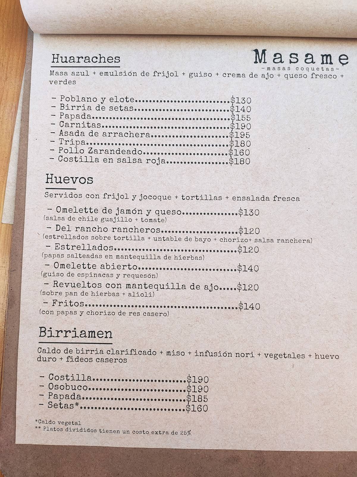 Carta del restaurante Masame, Puerto Vallarta