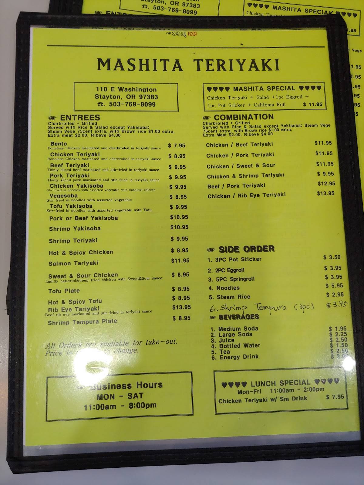Menu at Mashita Teriyaki Restaurant, Stayton