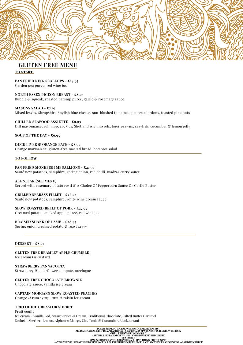 Menu at Mason's Restaurant, Brentwood