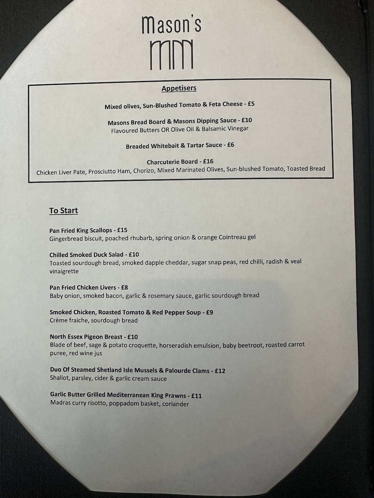 Menu at Masons Restaurant, Brentwood