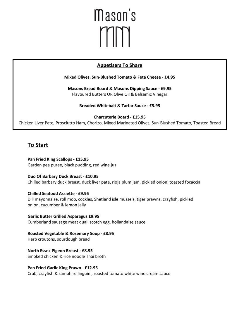 Menu at Masons Restaurant, Brentwood