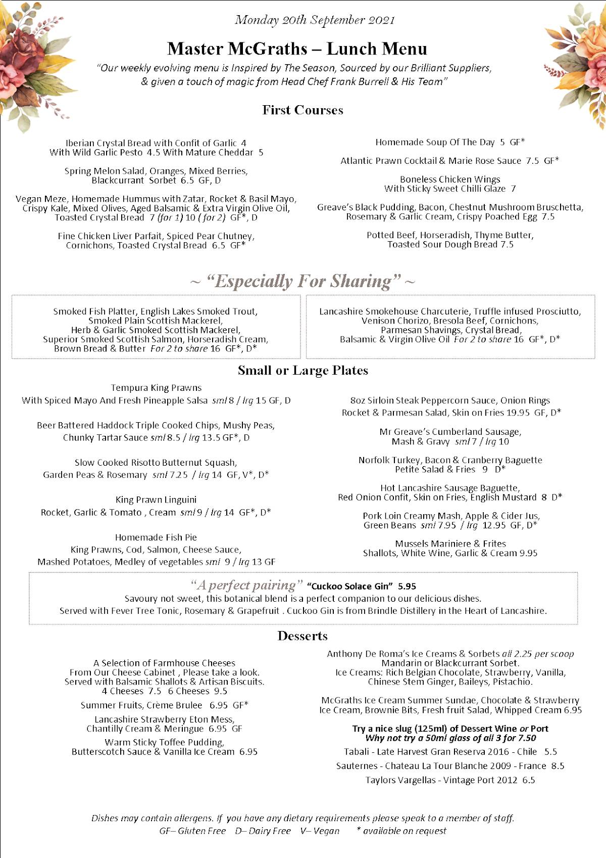 Menu at Master McGraths restaurant, Ormskirk