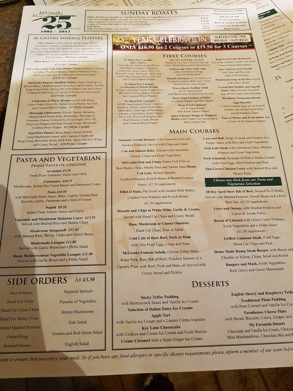 Menu at Master McGraths restaurant, Ormskirk