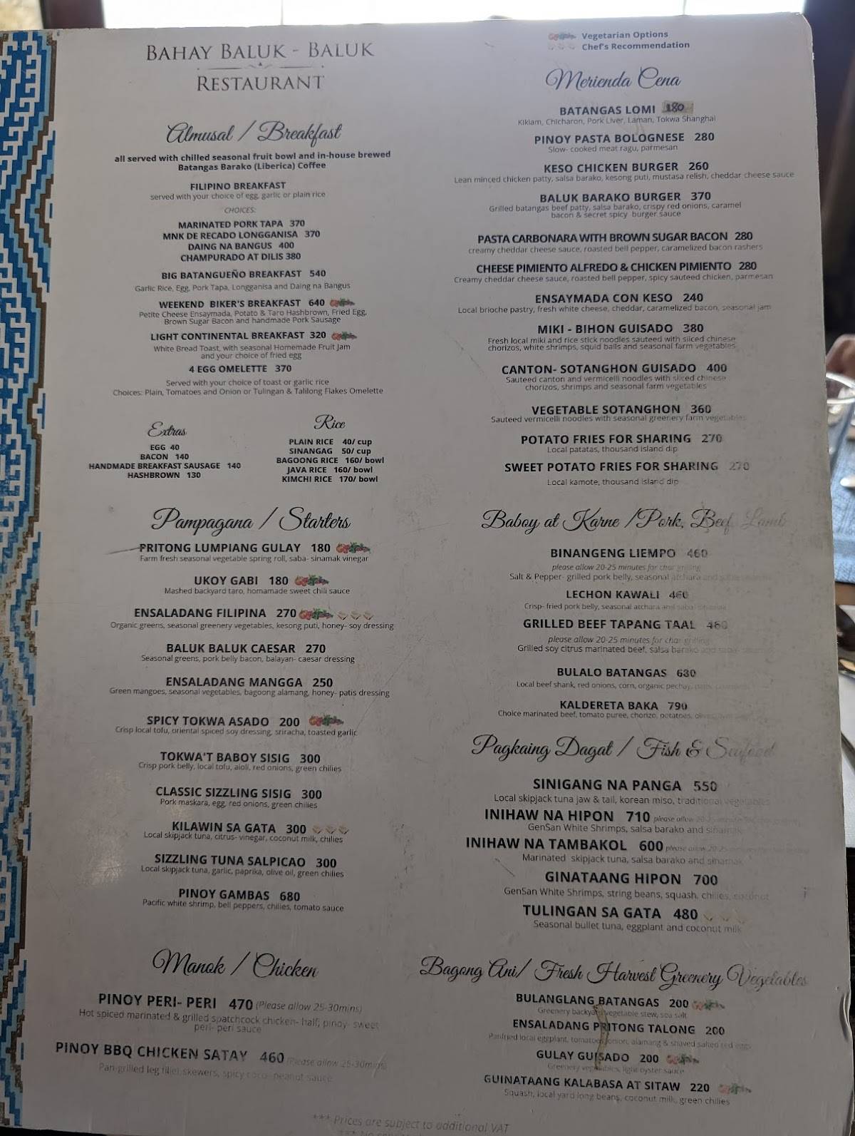 Menu at Bahay Baluk-Baluk Restaurant, Mataas Na Kahoy