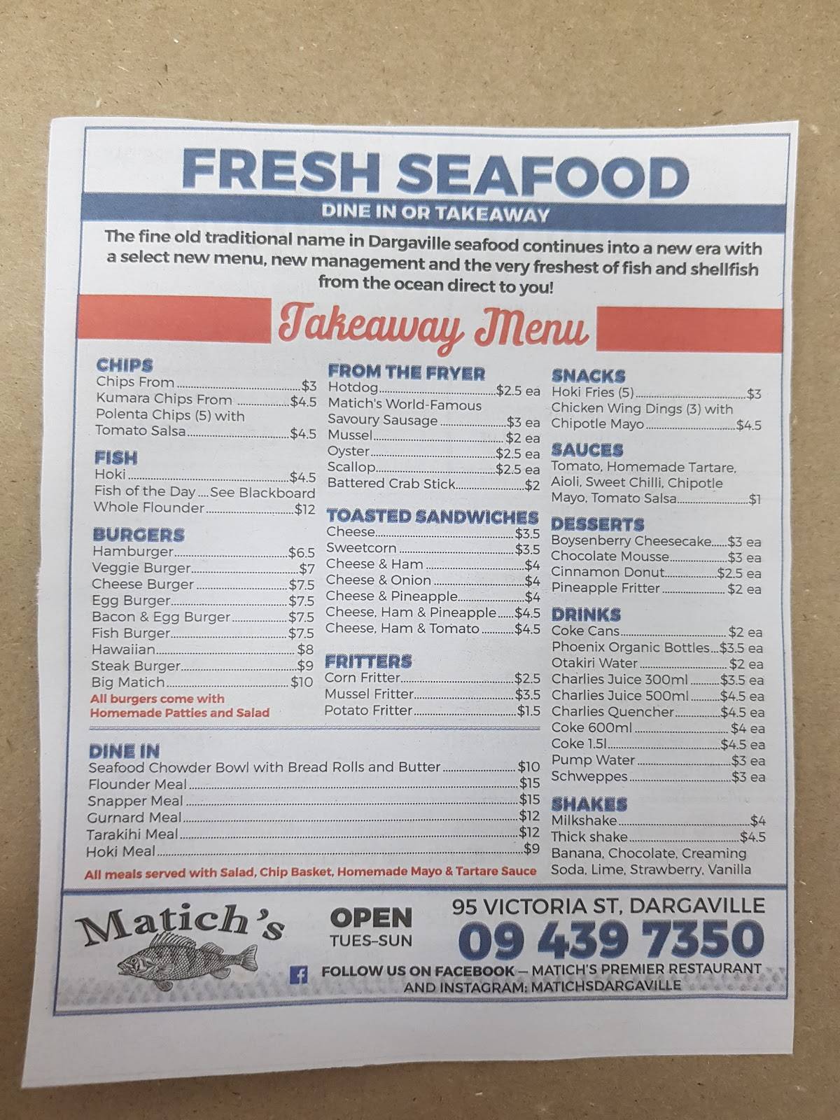 Menu at Matich's restaurant, Dargaville