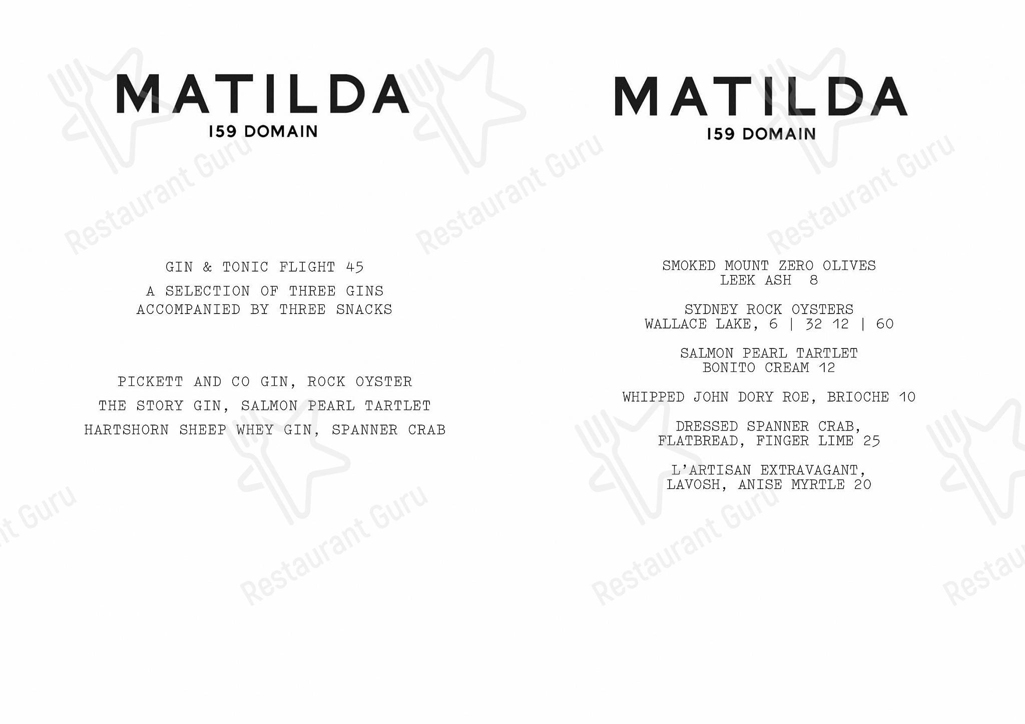 Menu at Matilda 159 Domain restaurant, South Yarra