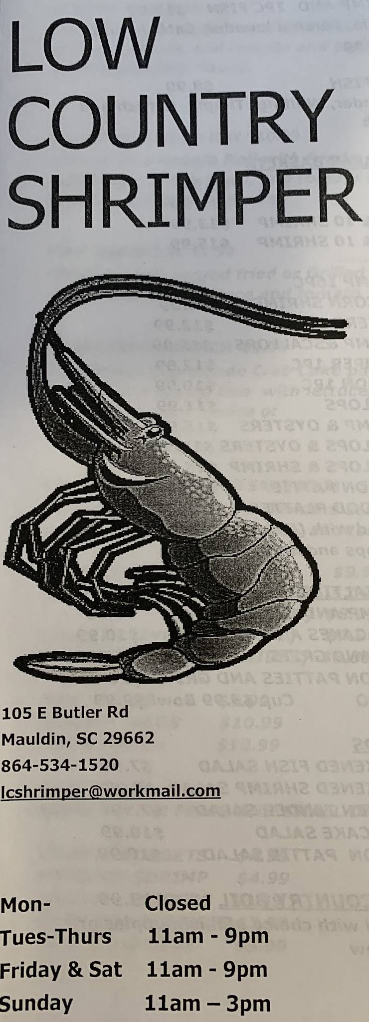 Menu at Low Country Shrimper restaurant, Mauldin