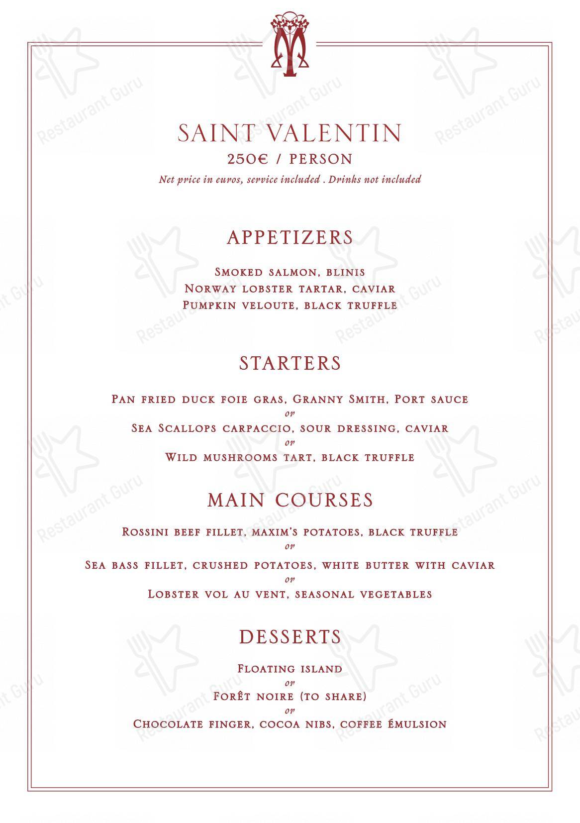 Menu at Maxim's de Paris restaurant, Paris, 3 Royale Street
