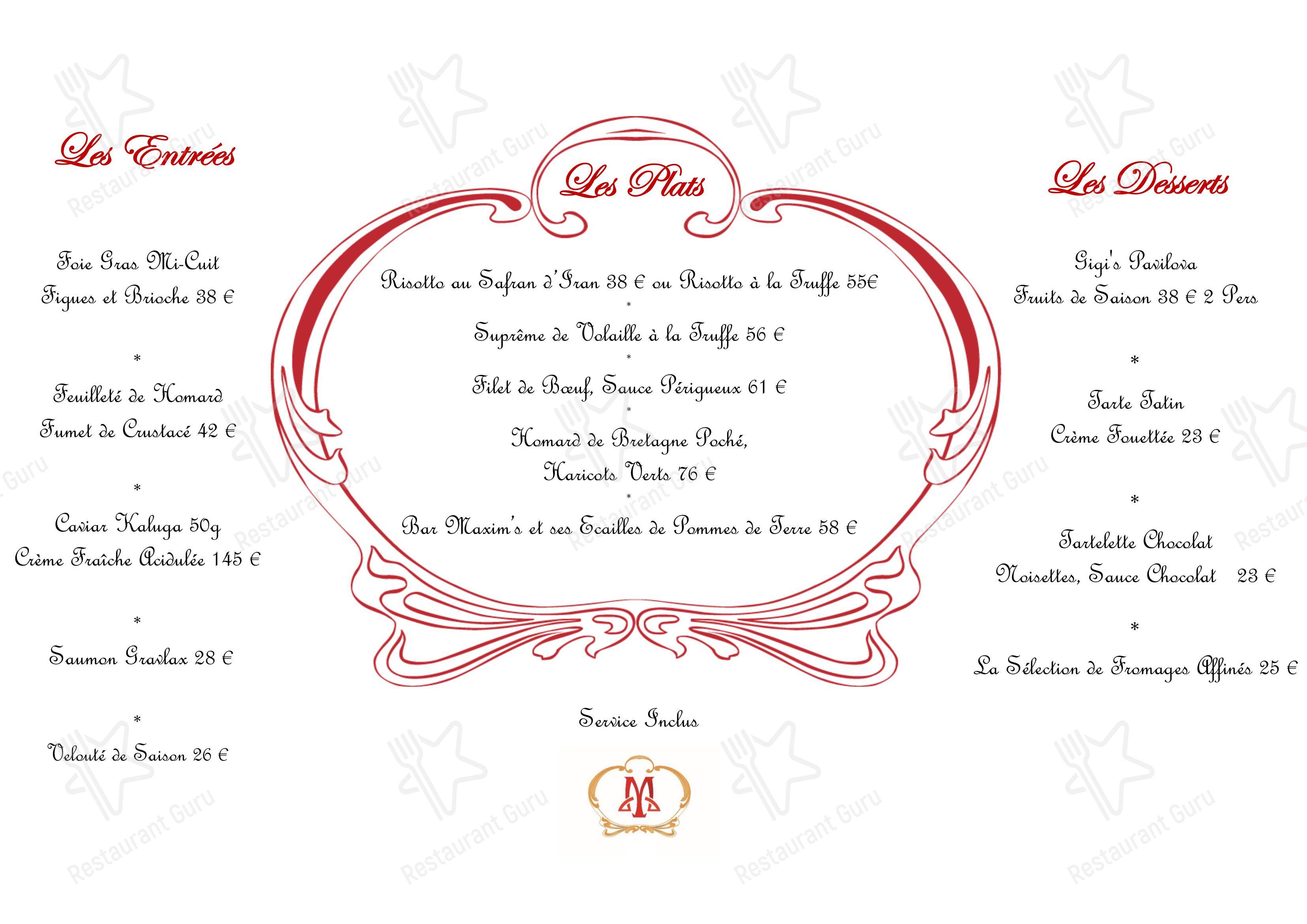 Menu at Maxim's de Paris restaurant, Paris, 3 Royale Street