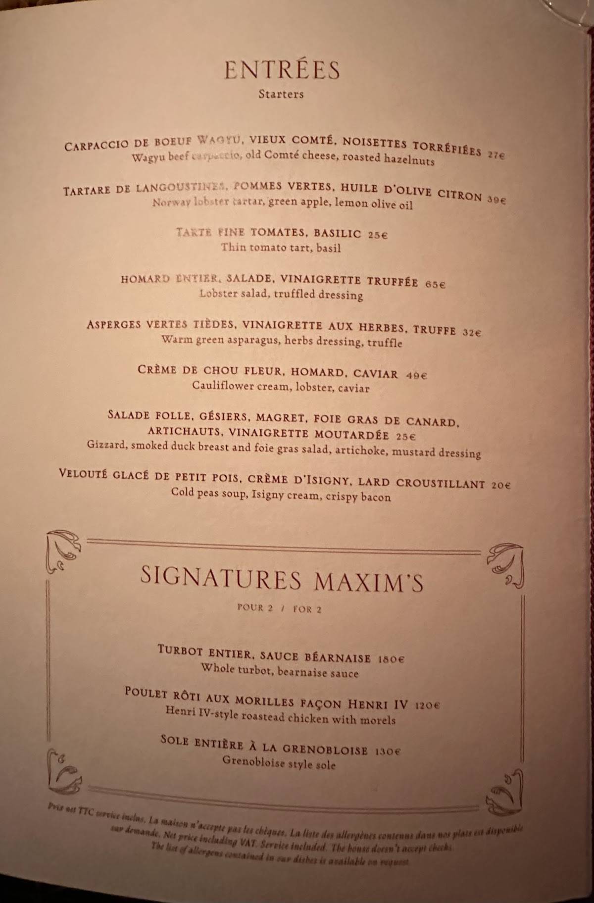 Menu at Maxim's de Paris restaurant, Paris, 3 Royale Street