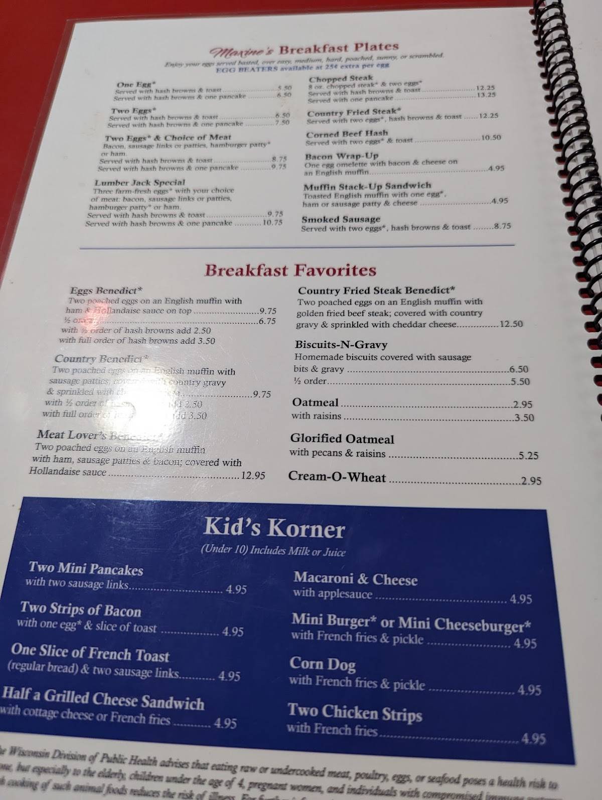 Menu at Maxine's restaurant, Rice Lake