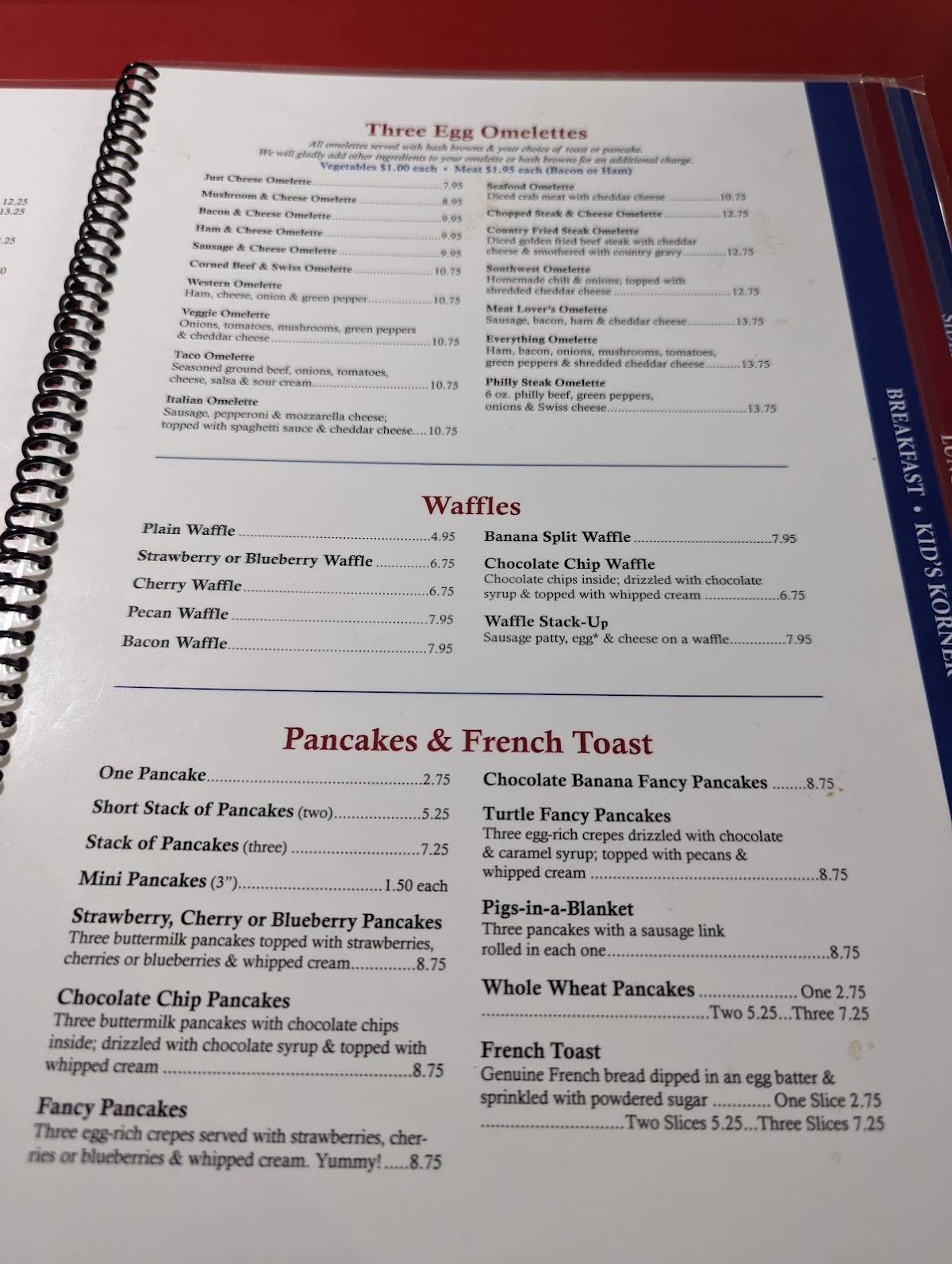 Menu at Maxine's restaurant, Rice Lake