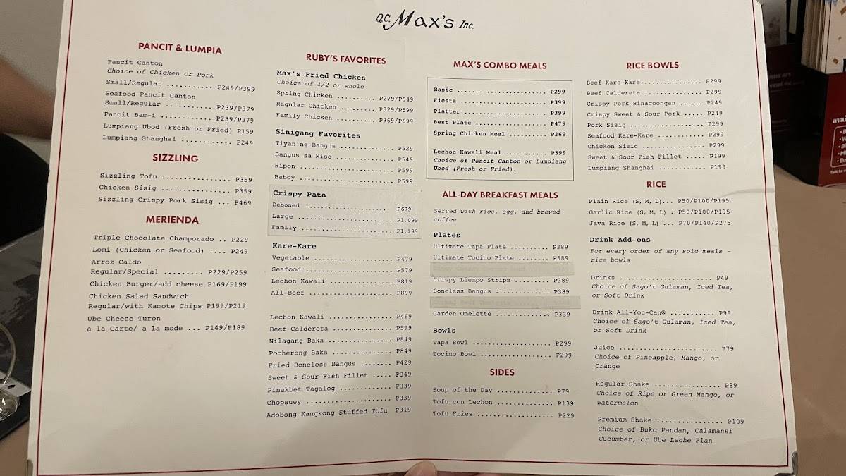 Menu at Max's Restaurant, Quezon City, Circle Food Complex