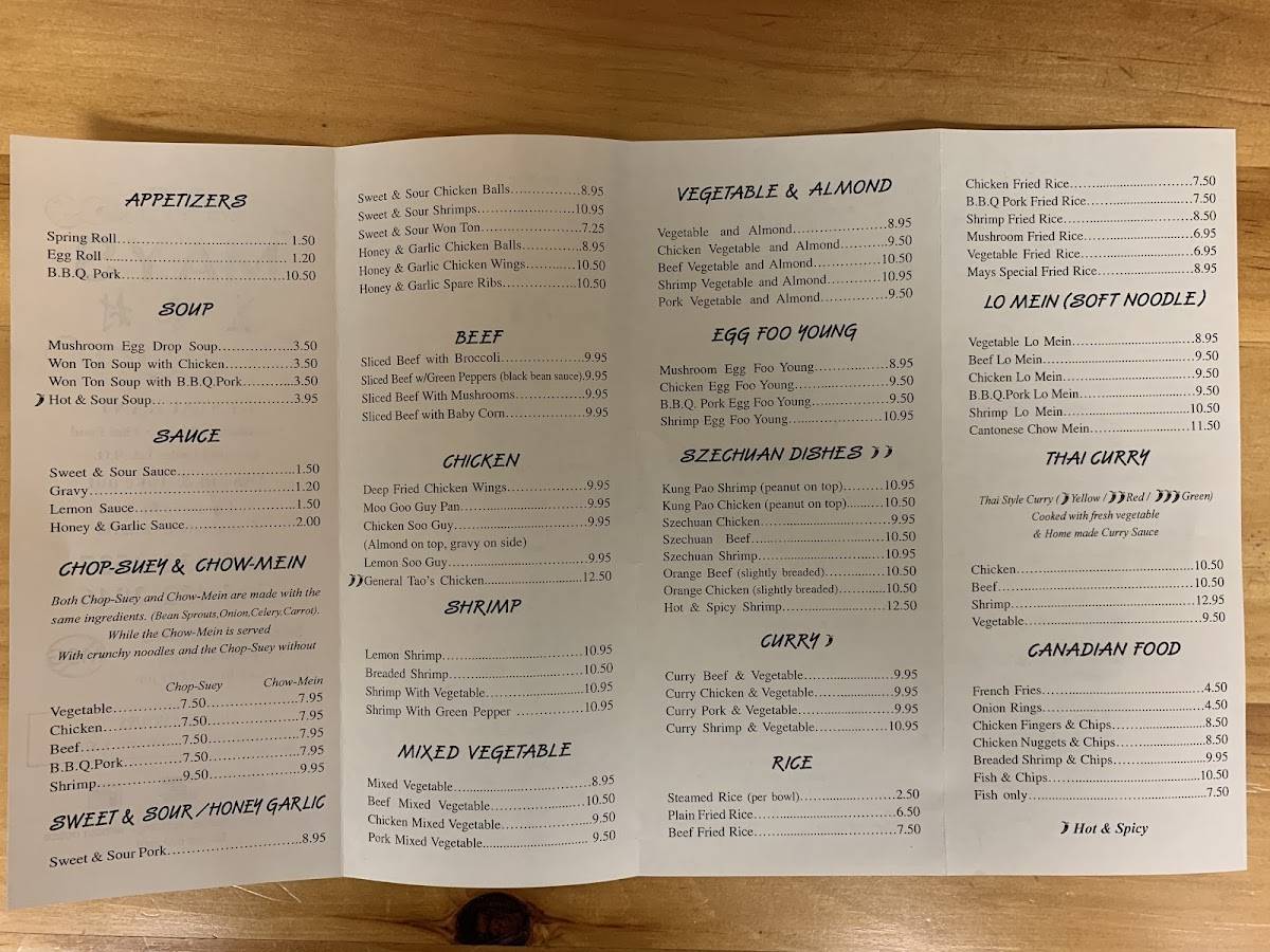 Menu at Mays Restaurant, Cannington