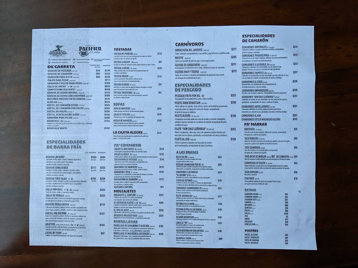 Carta del restaurante El Muchacho Alegre, Mazatlán, P.º Claussen 46-C