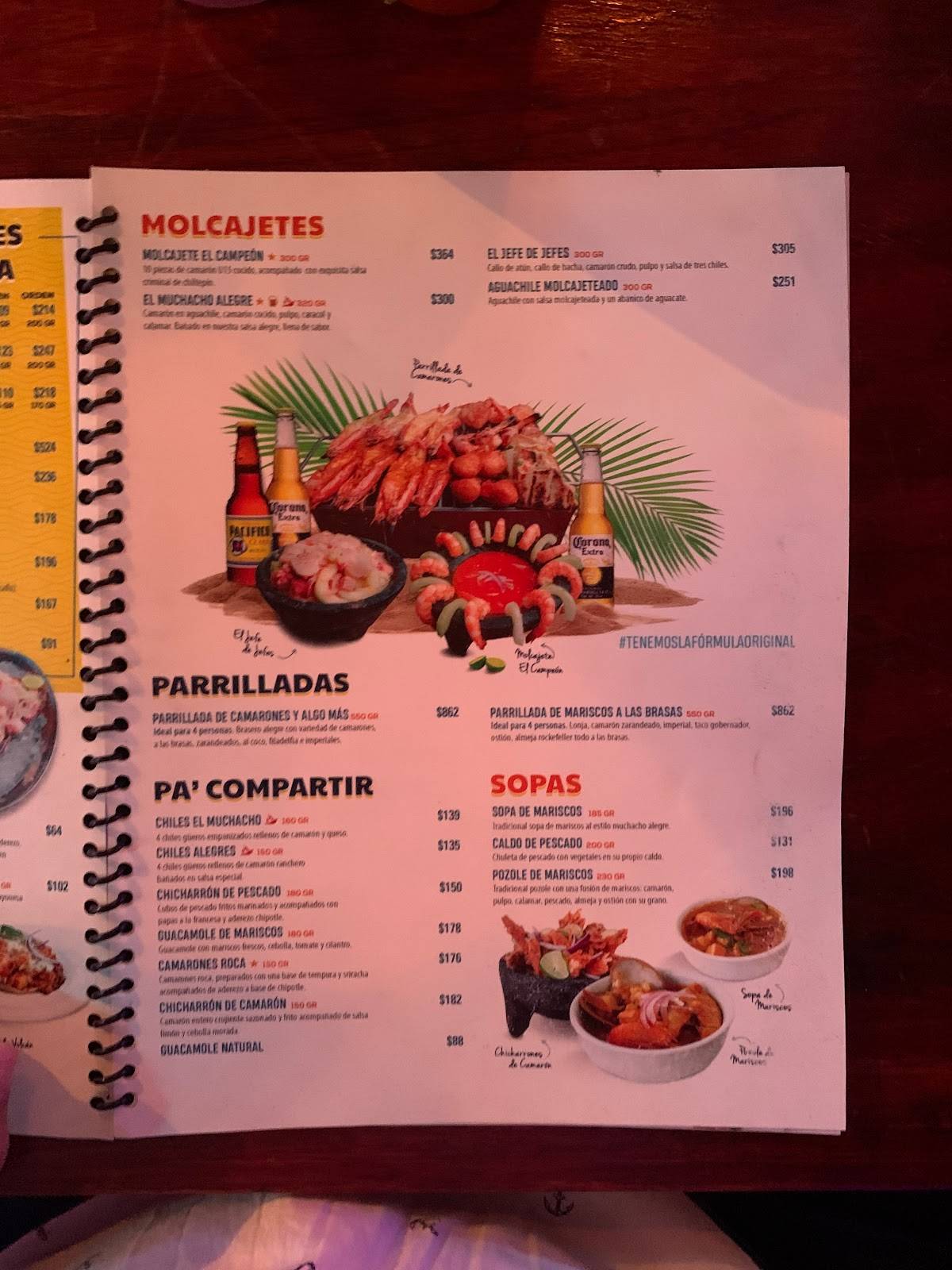 Carta del restaurante El Muchacho Alegre, Mazatlán, P.º Claussen 46-C