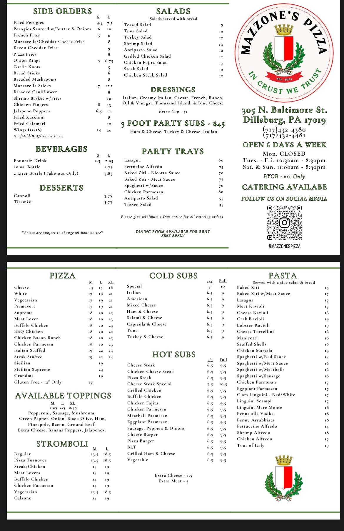 Menu at Mazzone’s Pizza restaurant, Dillsburg