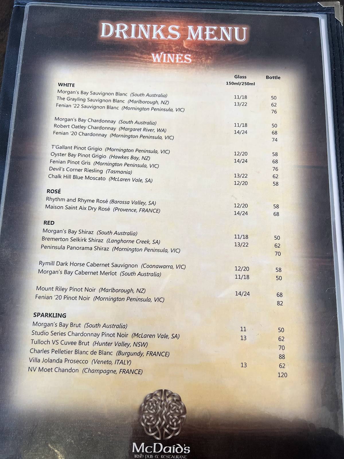 Menu at McDaid's Irish Pub, Rosebud