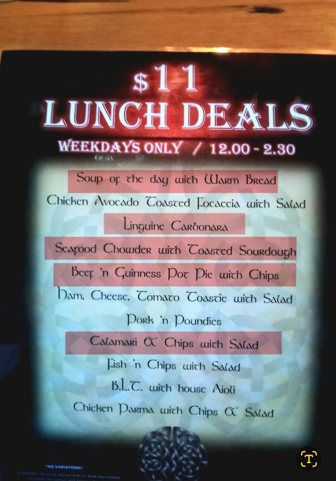 Menu at McDaid's Irish Pub, Rosebud