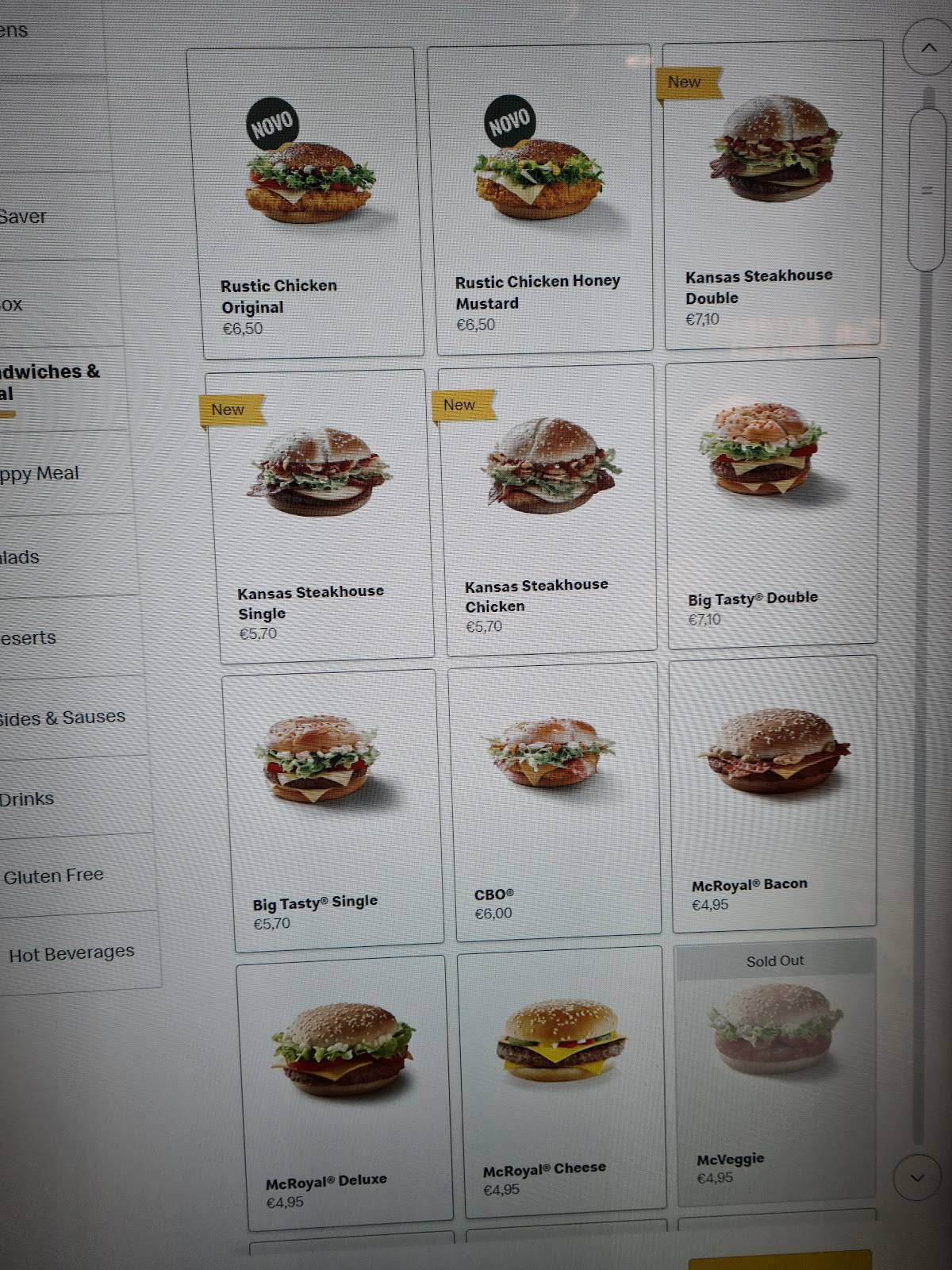 Menu at McDonald's Rossio fast food, Lisbon, Praça Dom Pedro IV 81 83