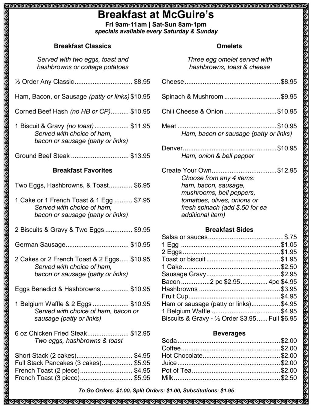 Menu at McGuire's Irish Restaurant And Pub, Yakima