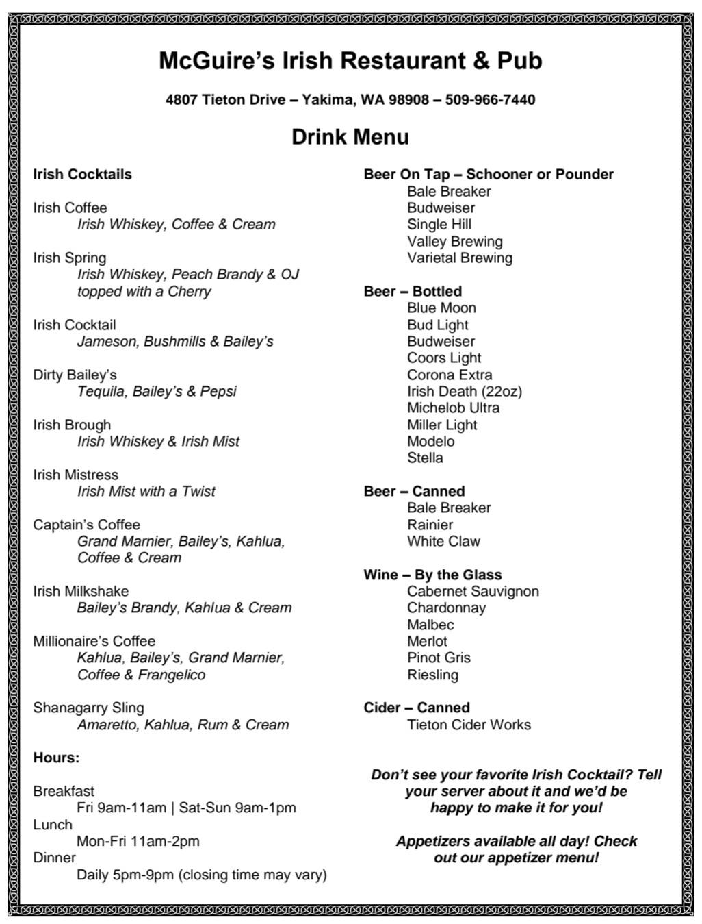 Menu at McGuire's Irish Restaurant And Pub, Yakima