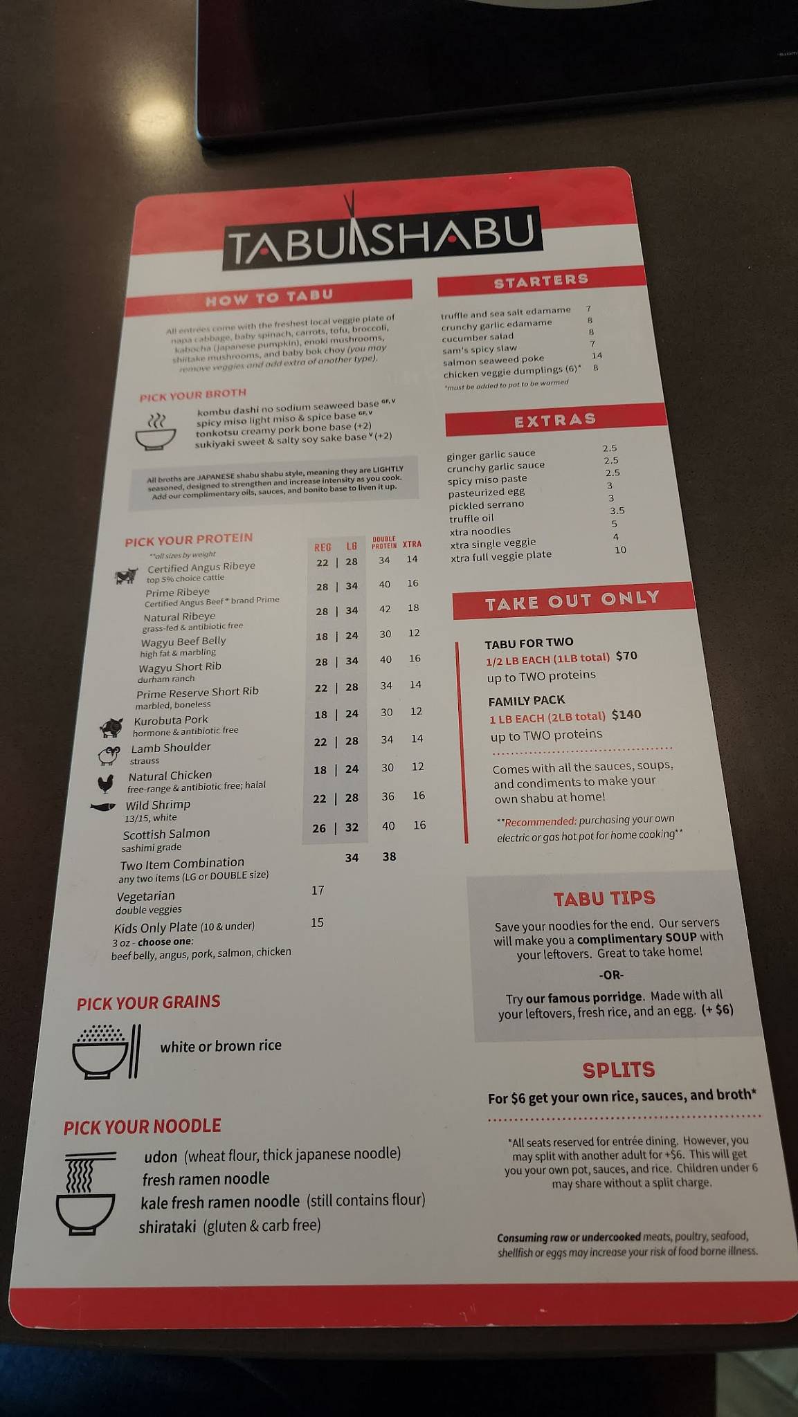Carta del restaurante Tabu Shabu, McKinney