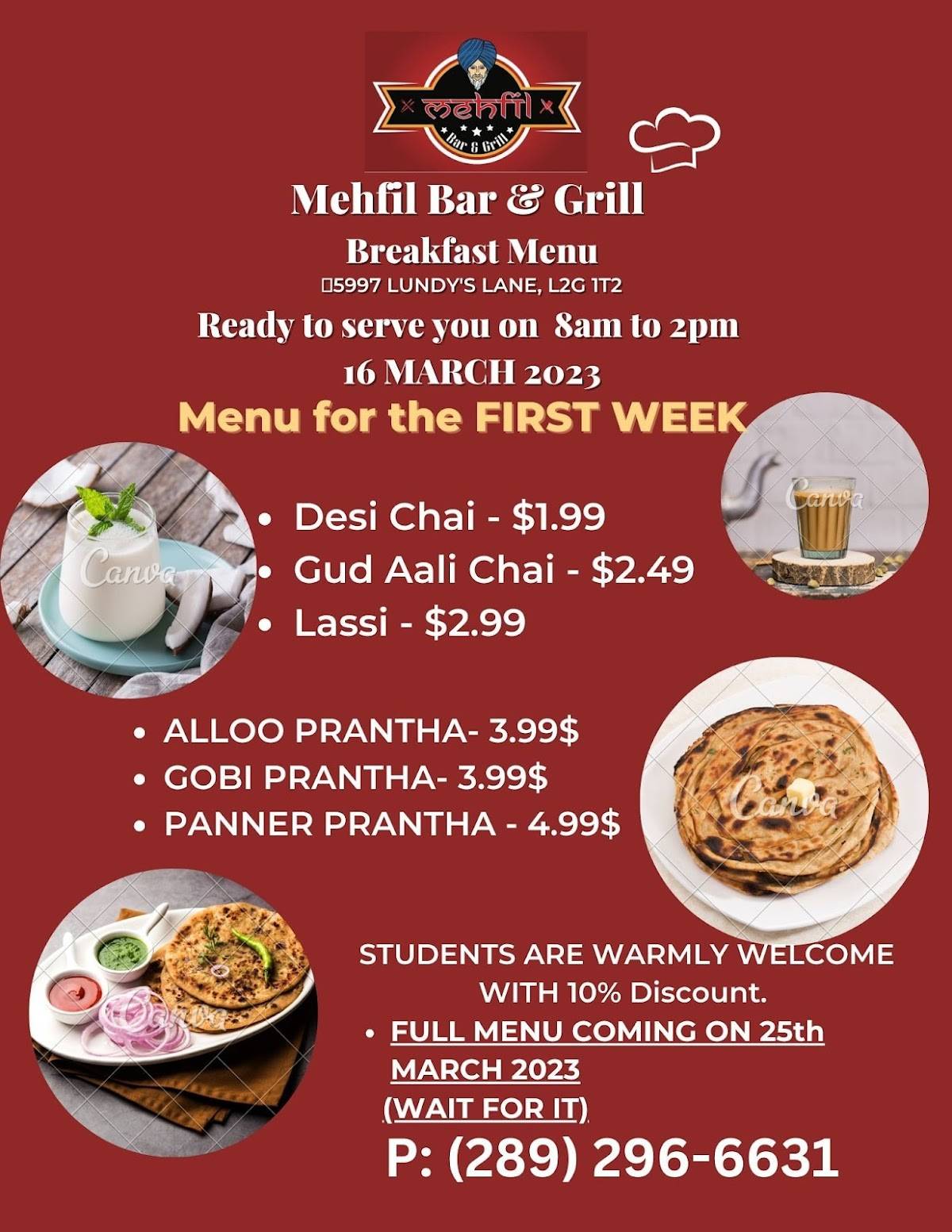 Carta de Mehfil Bar & Grill ( Indian cuisine), Niagara Falls