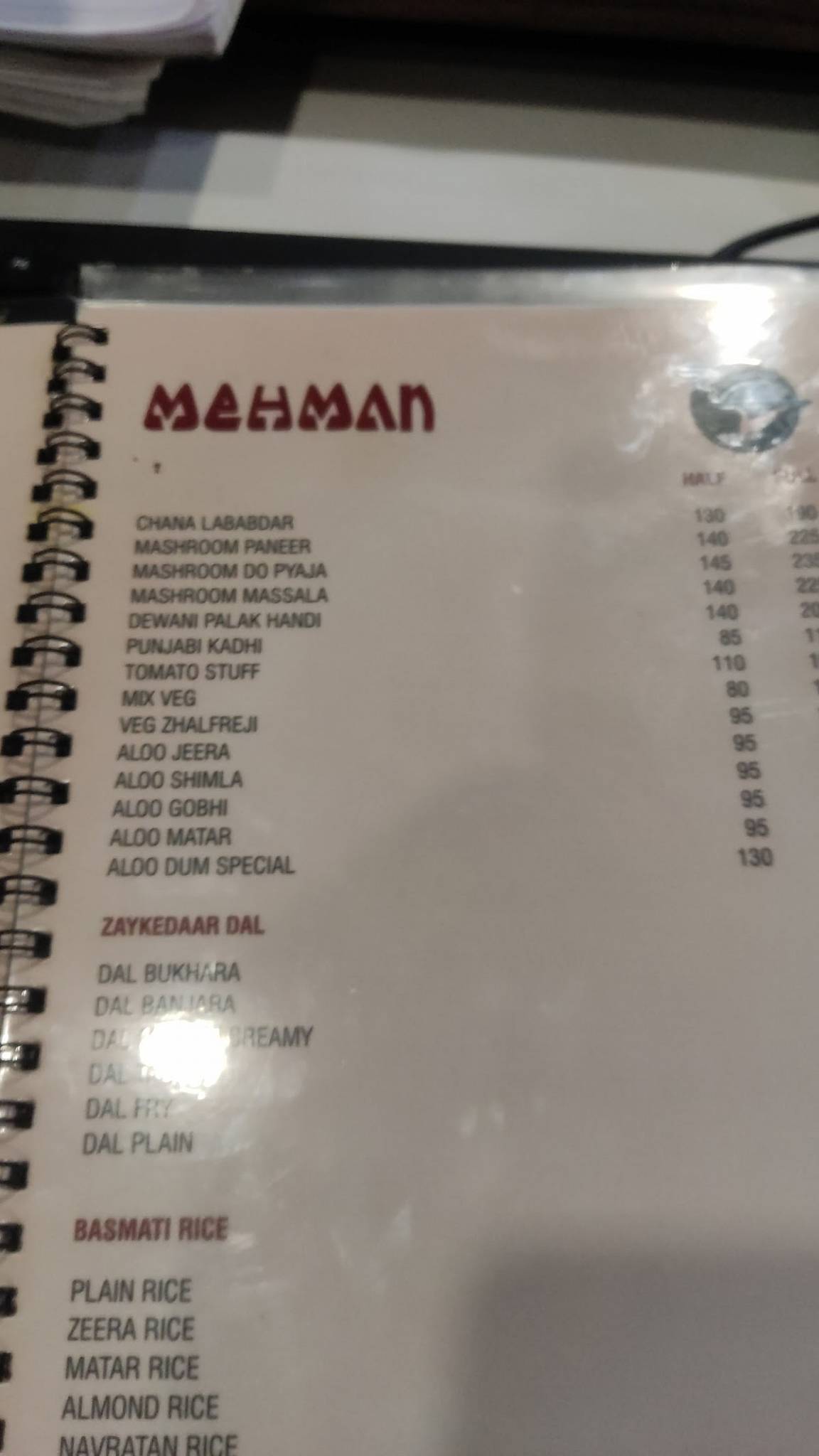 Menu at Mehman Hotel, Sultanpur
