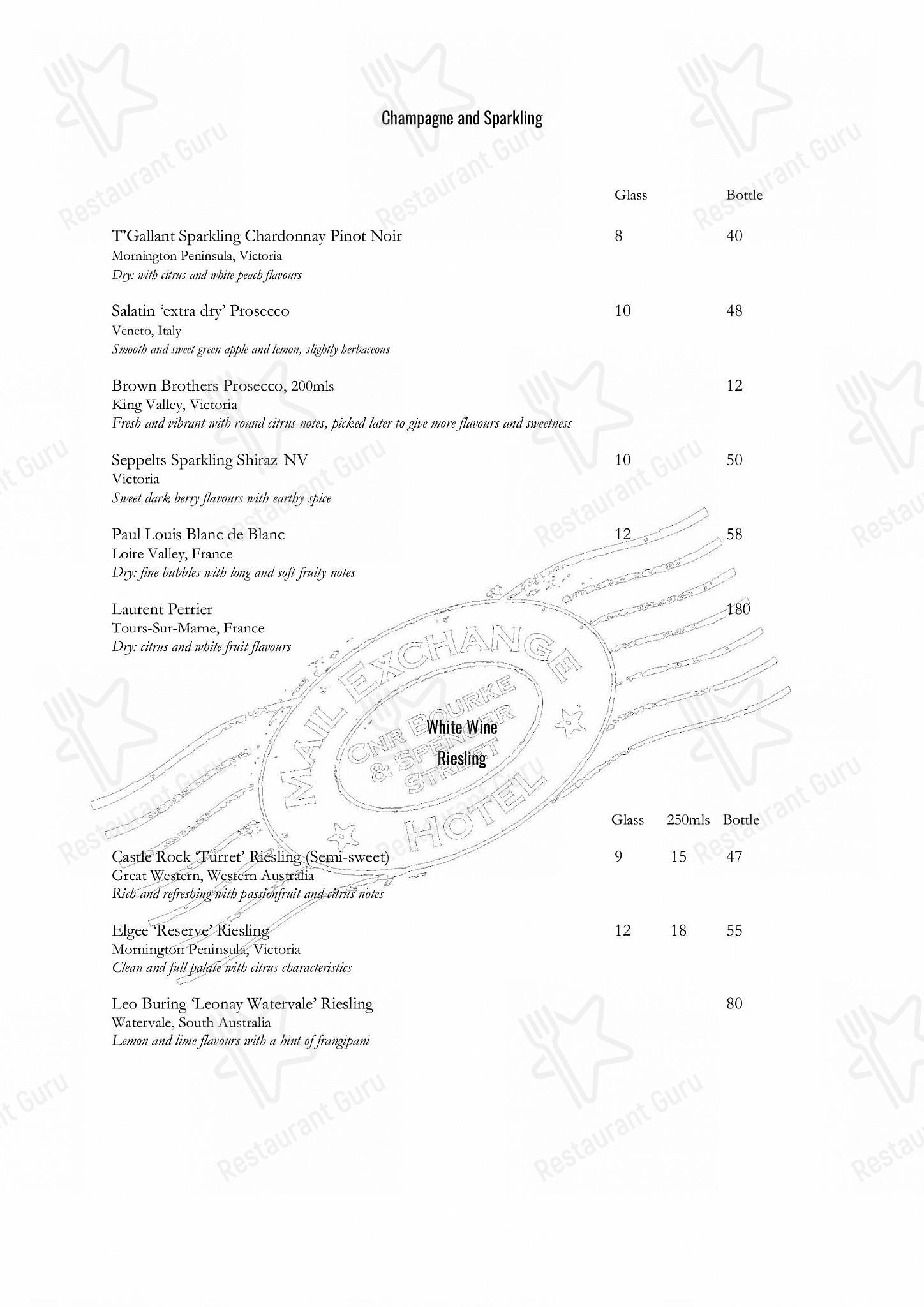 Menu at Mail Exchange Hotel pub & bar, Melbourne
