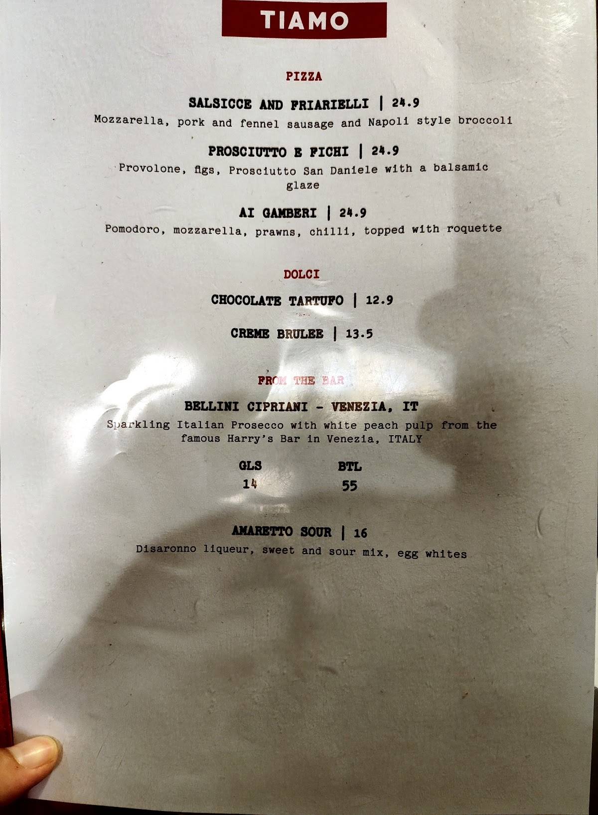 Menu at Tiamo restaurant, Carlton