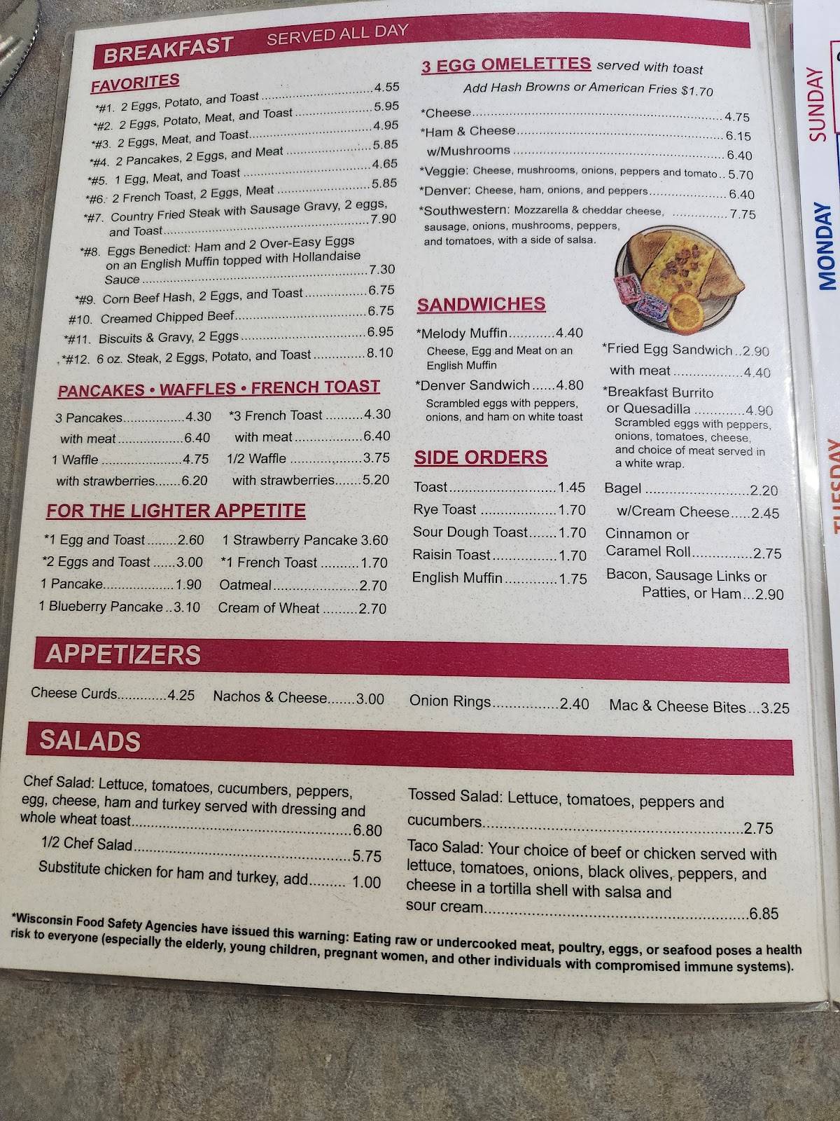 Menu at Melody Gardens restaurant, Marshfield