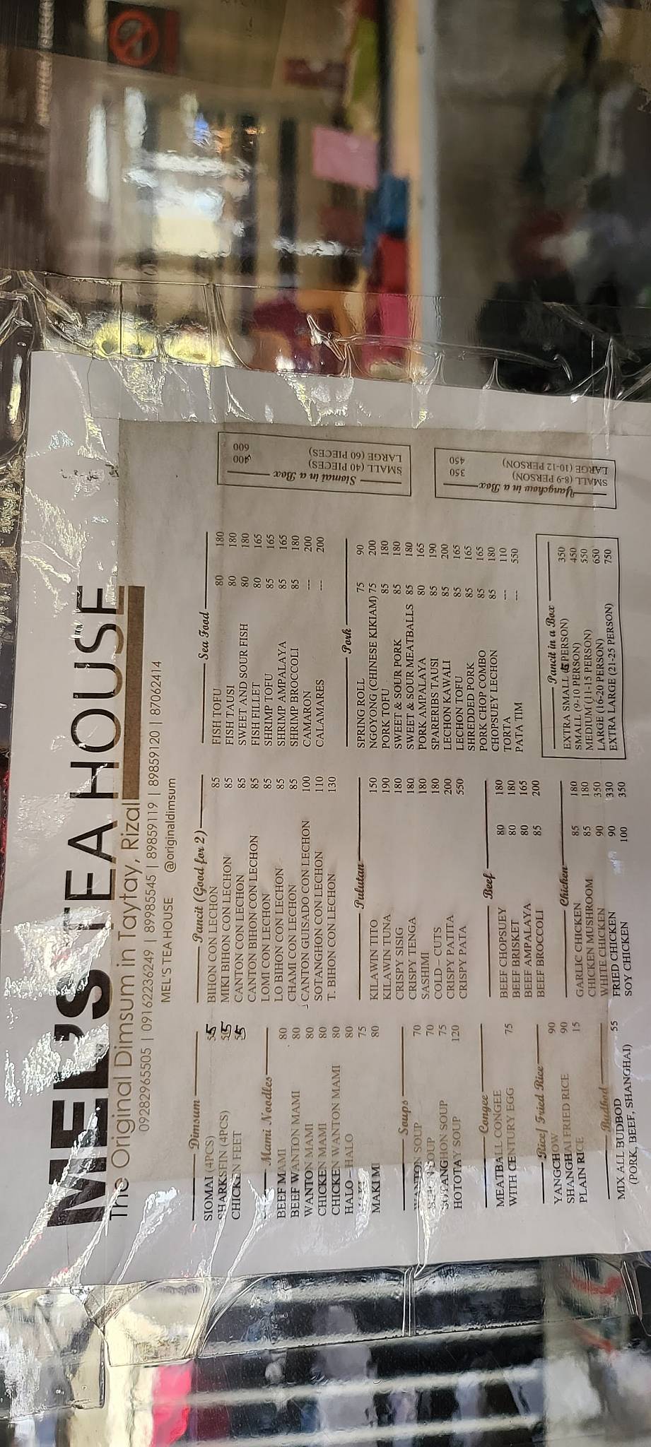 Menu at Mel's Tea House restaurant, Taytay
