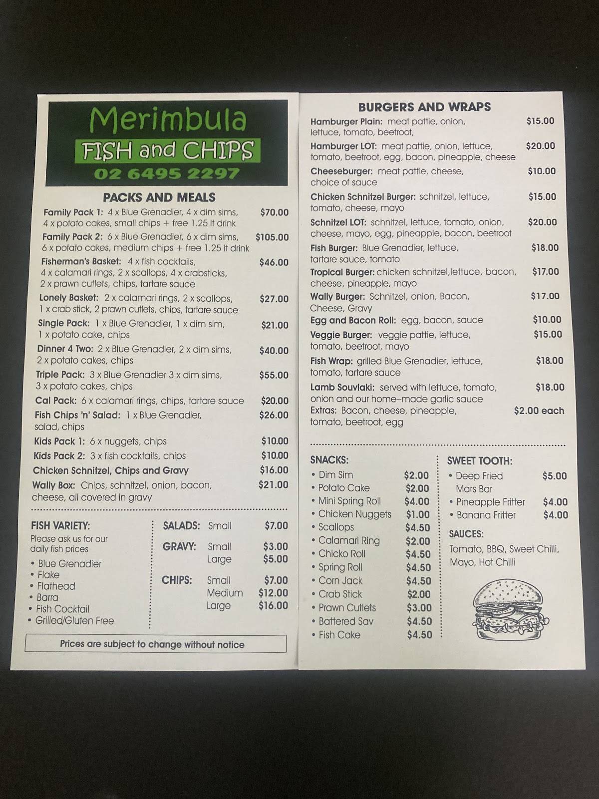 Menu at Merimbula Fish and Chips fast food, Merimbula