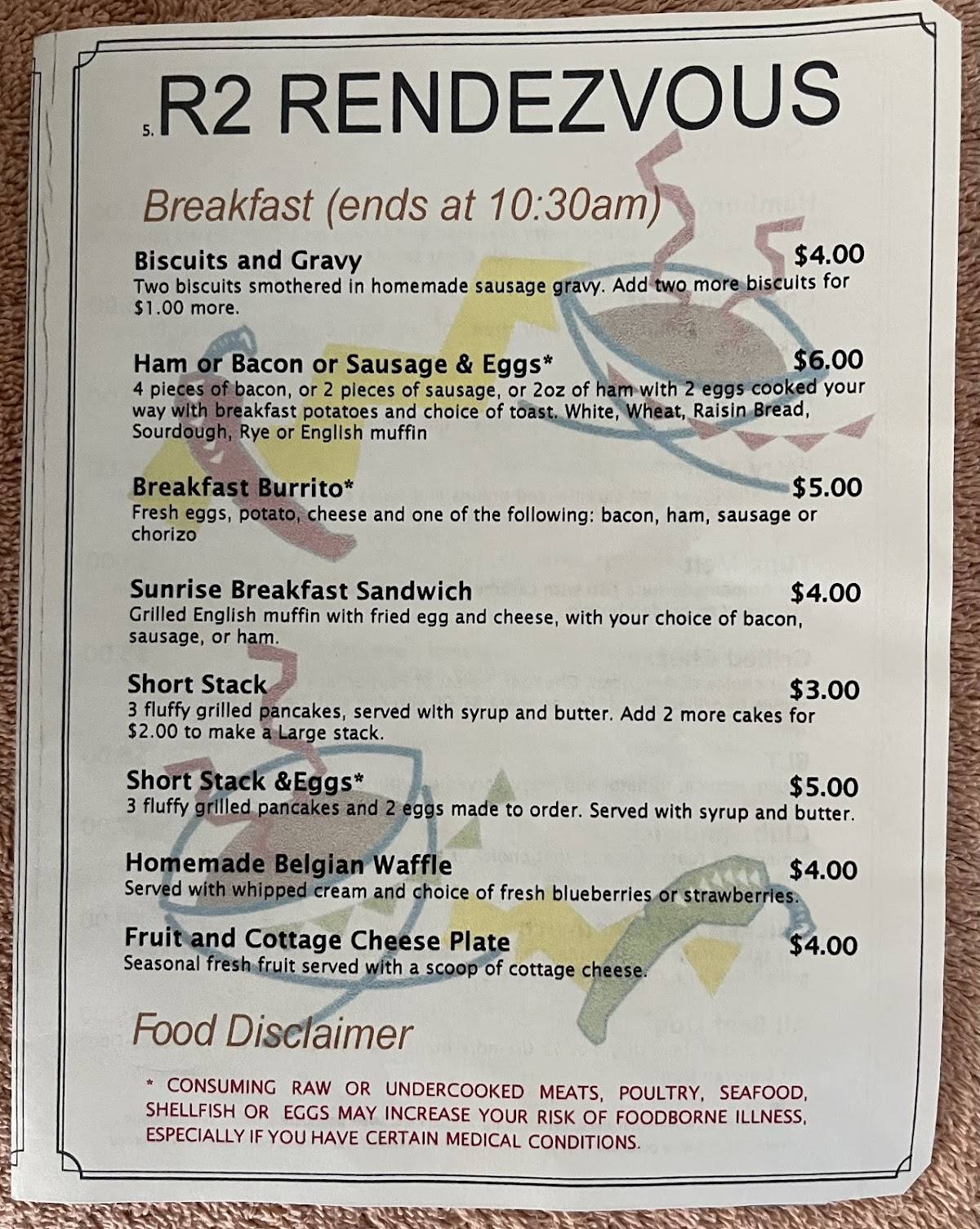 Menu at Rendezvous Cafe, Mesa