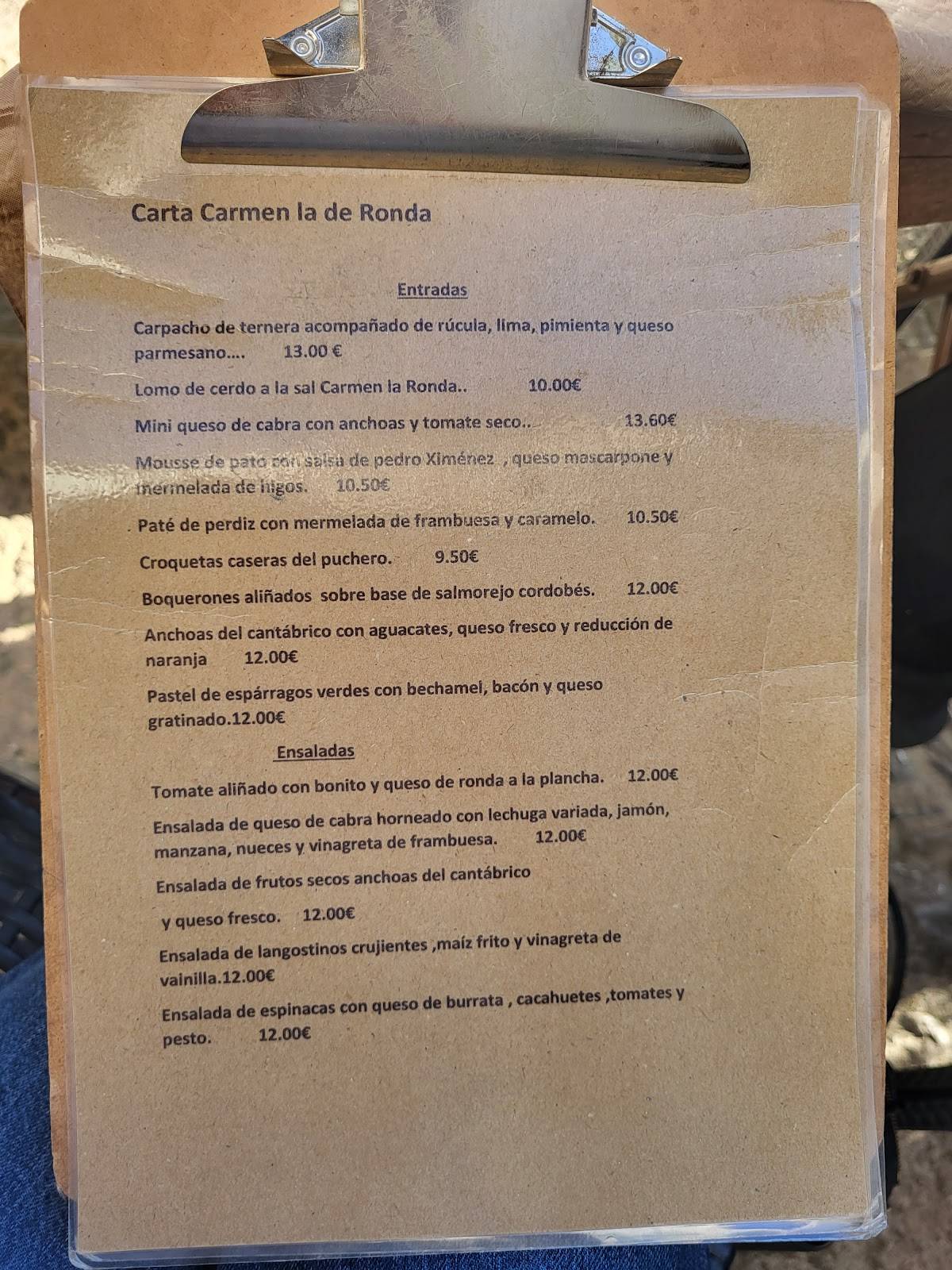 Menu at Mesón Carmen la de Ronda restaurant, Ronda